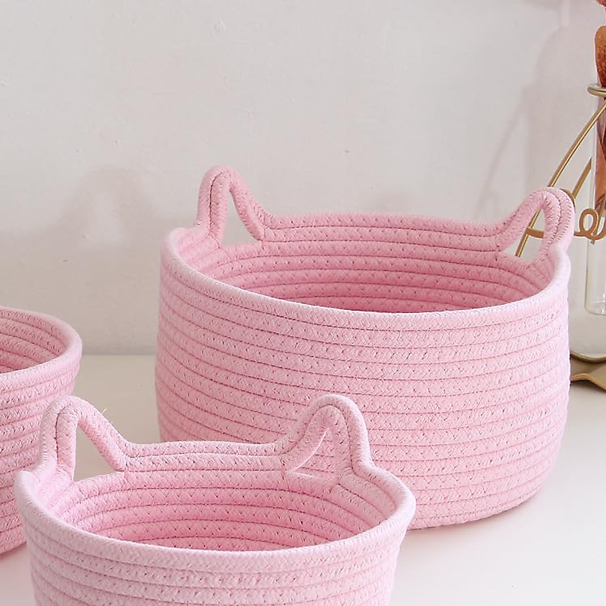 Cafshion Small Toy Basket with Cat Ears, Cute Basket Toy Organizer with Handles Woven Cotton Rope Basket Decorative Basket Nursery Bins & Boxes Gift Basket Empty for Baby Pet Toy Storage