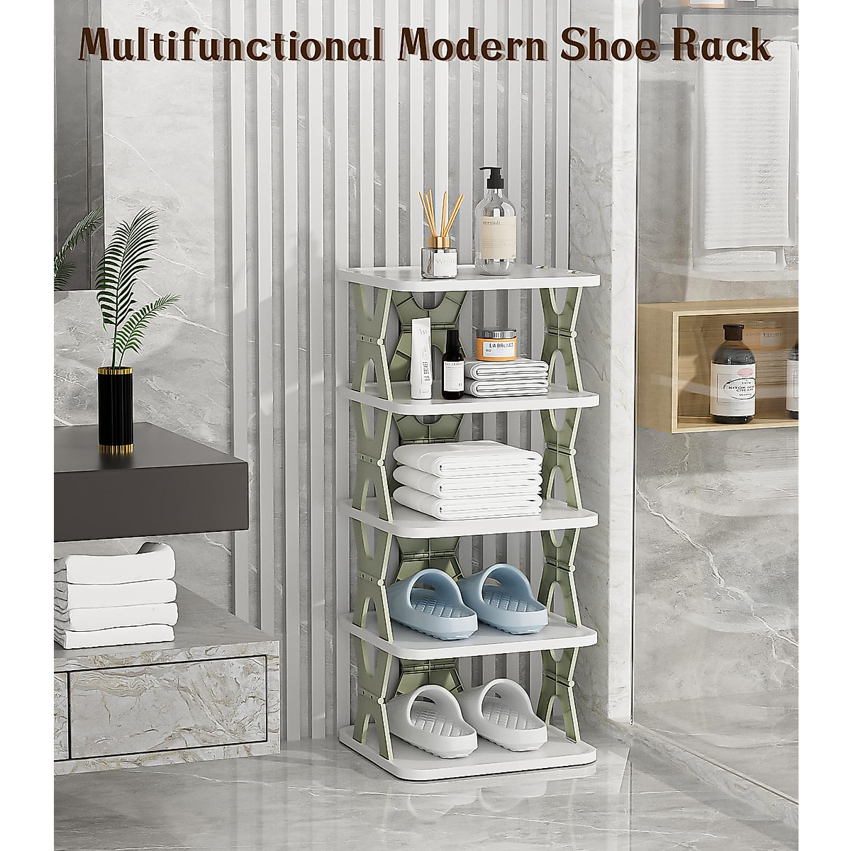 Dscabomlg Plastic 5-Tier Shoe Shelf - Foldable Shoe Storage - Modern Style - 5 Shelves - 3 lbs Capacity - Freestanding - Uniform Plastic Finish - 11.1" L x 1.1" W x 11.2" H - Unisex - Living Room