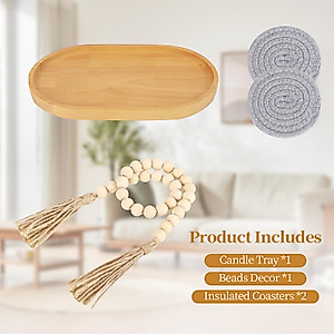 Yiranok Wooden Candle Tray Holder 11 * 6.5 Inch Elliptical Decorative Serving Trays for Coffee Table Centerpiece Home Decor Wood Table Tray for Kitchen Counter with Beads Decor and 2 Coasters