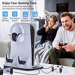 Cooling Station with Dual Controller Charging Station for PS5, Upgraded Accessories Vertical for PS5 Stand, 3-Levels Cooling Fan, 3 USB Hub and Headset Holder for Playstation 5 Disc/Digital Edition