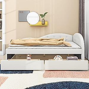 Full Size Upholstered Daybed with 2 Drawers and Cloud Shaped Guardrail, PU Upholstered Tufted Platform Bed with Wooden Slat Support for Bedroom Living Room, Easy Assembly (White + Upholstered-V23)
