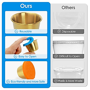 GuDoQi 8 Pack Salad Dressing Container To Go, 2.4oz Small Condiment Containers with Leakproof Silicone Lids, Gold Stainless Steel Reusable Sauce Cups for Lunch Bento Box, Picnic and Travel