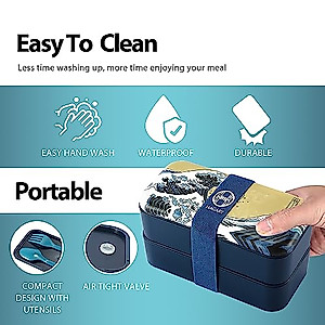 Hagary Wave Bento Box 2 Tier Japanese Lunch Box with Spoon and Fork Stackable Leak-Proof with Movable Partition Lunch Containers Scratch Proof 800ml
