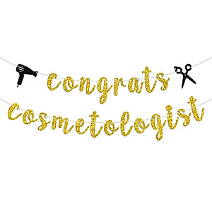 Congrats Cosmetologist Banner, I Will Cut You/Cosmetology School Survivor, 2024 Barber/Hairdresser Graduation Party Decorations Supplies, Gold Glitter