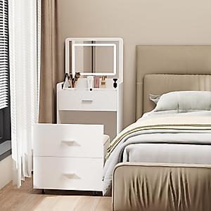 clicliet Small Vanity with Mirror and Lights, 3 in 1 Vanity Desk with Plip Top and Visible Glass Desktop, Compact Makeup Vanity with 2 Drawers & 1 Cushioned Storage Vanity Chair, for Bedroom