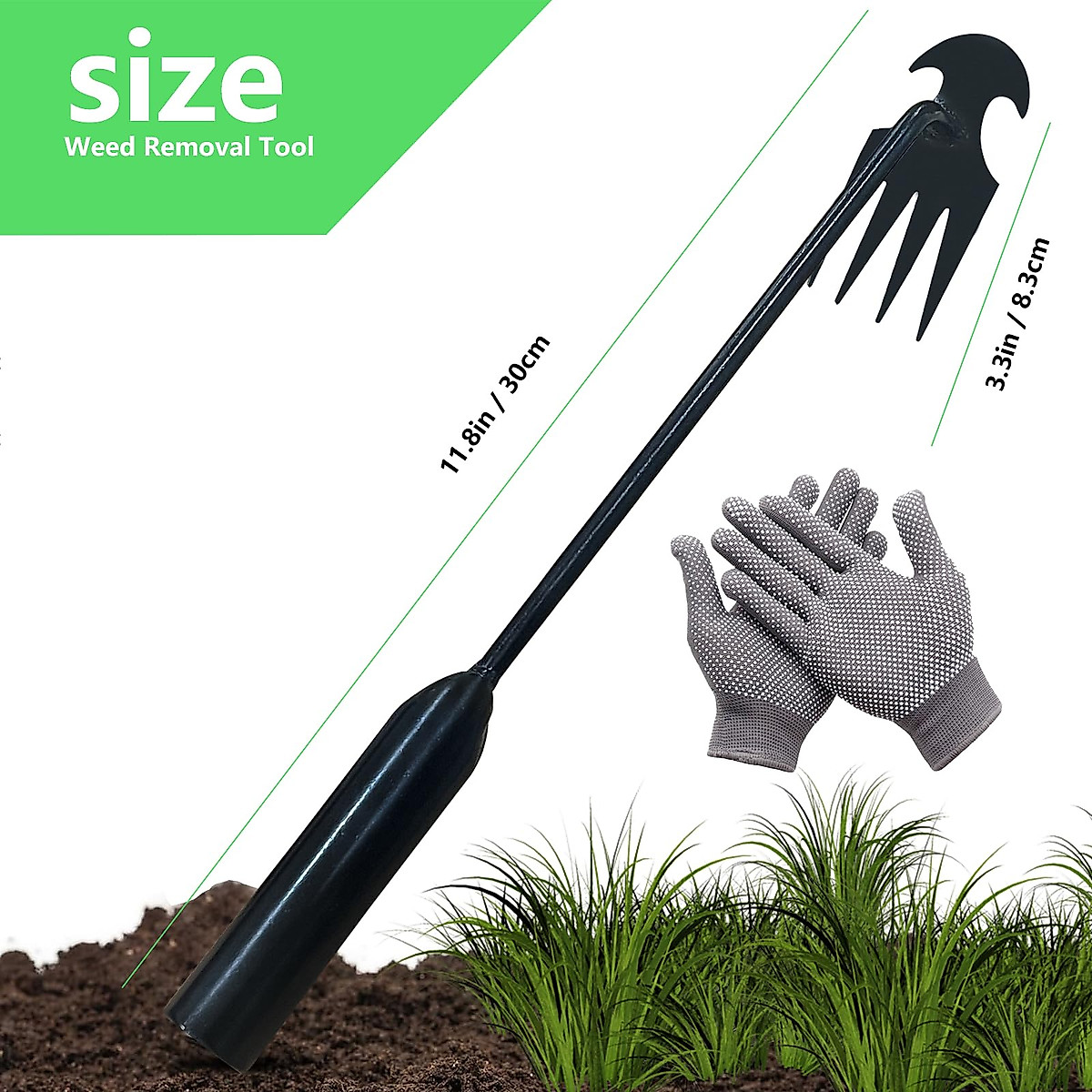 Doubleggs Weed Puller Tool, 4 Teeth Durable Garden Weed Pulling Tool, Portable Garden Weeder Tool with Gloves for Vegetable Gardening, Backyard Farm Weeding Tool (11.81 inch / 30 cm)