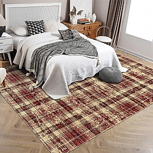 Zacoo Washable Rug 8x10 Rug for Living Room Modern Tartan Rug Plaid Area Rug Soft Area Rugs for Bedroom Aesthetic Non Slip Throw Rugs for Dining Room Nursery Rug Red 8'x10'