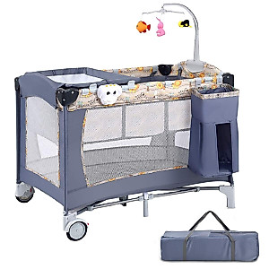 Costzon 3 in 1 Pack and Play, Portable Baby Playard with Bassinet, Changing Table, Music Box, Wheels & Brake, Basket, Carry Bag, Co-Sleeper Bassinet Compact Travel Crib for Indoor Outdoor Use Grey
