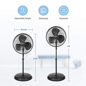 PELONIS PFS40A2ABB 16'' 3-Speed Pedestal, Standing Fan for Home and Office, 85° Oscillation and Adjustable in Height, Black, 16 Inch