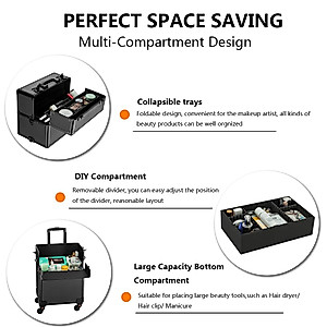 mefeir 2 in 1 Rolling Makeup Train Case, Travel Makeup Organizer Cosmetic Display Case, Aluminum Cosmetology Supply Suitcase on Wheels, Beauty Storage Luggage Lockable w/4 Removable Wheels (Black)
