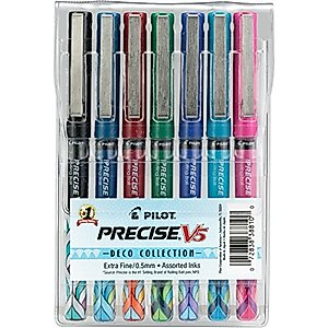 PILOT Precise V5 Stick Deco Collection Liquid Ink Rolling Ball Stick Pens, Extra Fine Point (0.5mm) Assorted Ink Colors, 7-Pack Pouch (38810)