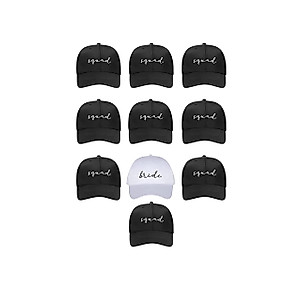 Pop Fizz Designs Bachelorette Hats ( 10 Pack) 1 White Bride Hat | 9 Black Squad Hats I Bride Tribe Baseball Caps I Bachelorette Party Favors
