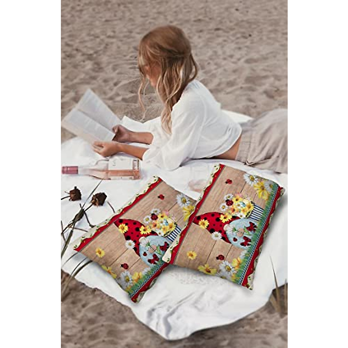 Lumbar Pillow Covers 12 x 20 Inches, Ladybug Gnome Waterproof Pillow Protector Set of 2 Throw Pillowcases Cover, Summer Spring Flroal Wood Board Rectangle Cushion Covers for Patio/Tent/Couch/Garden