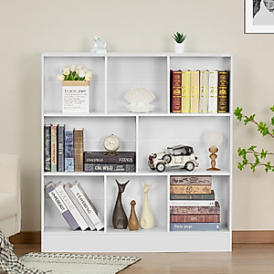YAHARBO 5 Cube White Bookshelf,Small Modern Horizontal Bookcase,Wood Floor Standing Low Bookshelves Display Storage Cabinet with Base, Short Book Shelf Open Organizer for Bedroom,Living Room,Office