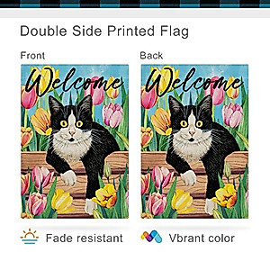 CMEGKE Spring Garden Flag, Spring Cat Garden Flag, Tulip Spring Summer Vertical Double Sided Burlap Welcome Black Cat Floral Holiday Party Rustic Farmhouse Yard Home Outdoor Decoration 12.5 x 18 In