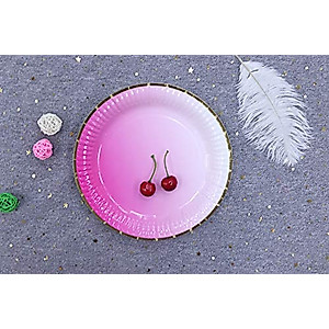 Ottin Ombre Rainbow Hot Pink Party Supplies 50-counts Disposable Paper Plates and Napkins Set for Birthday Wedding Bridal Baby Shower Engagement Mother's Day