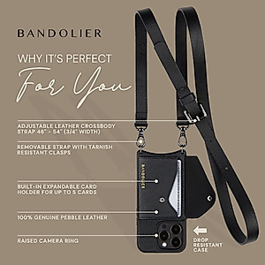 Bandolier Hailey Crossbody Wallet Phone Case for iPhone 15 Pro Max. 100% Genuine Pebble Leather with Pewter Hardware. Adjustable & Removable Strap. Expandable Flip Card Holder. Black with Pewter