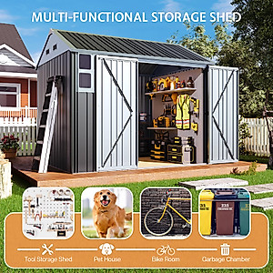 Jocisland 8.5x7.1x7.5 FT Galvanized Steel Outdoor Storage Shed, Lockable Double Hinged Doors and 4 Vents, Metal Shed for Backyard Storage, Dark Black/White