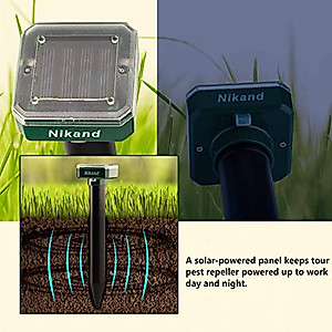 NIKAND Solar Mole Repellent Ultrasonic 4 Pack Outdoor Powered Sonic Deterrent - Mole Stopper Scare Vole for Lawn Garden Yard Home - Groundhog Repeller Snake Rodent Gopher Spikes Chaser Pest (4 Pack)