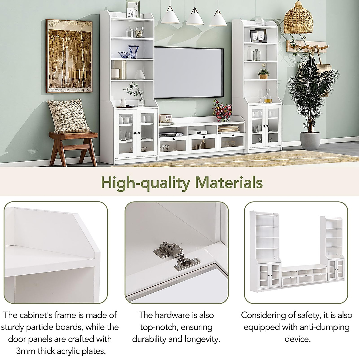 Modern Chic Elegant Entertainment Wall Unit with Tall Cabinets, Multifunctional TV Stand Set for TVs Up to 70", Television Stand with Acrylic Board Door, for Living Room, White