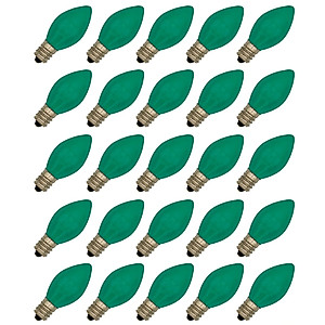 Box of 25 Light Bulbs - C7, Incandescent Steady Burning - Opaque Green - 7 Watt, Extended Life, Nickel Plated Candelabra Base - Great for Decorative Lights and Halloween Strings