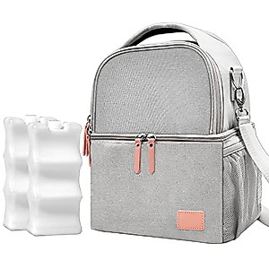 QIUXQIU Breastmilk Cooler Bag with Ice Pack Insulated Lunch Bag for Women and Men Baby Bottle Bag Fits 6 Bottles for Nursing Mom Daycare Double Deck Cooling Bag Work Travel Picnic (Gray)