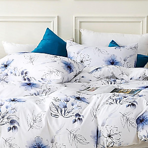 DESIHOM Blue Floral Duvet Cover Queen Size Coquette Flower Duvet Covers Set 3 Pieces with Zipper Closure, Aesthetic Reversible Queen Comforter Quilt Cover Microfiber Bedding Set