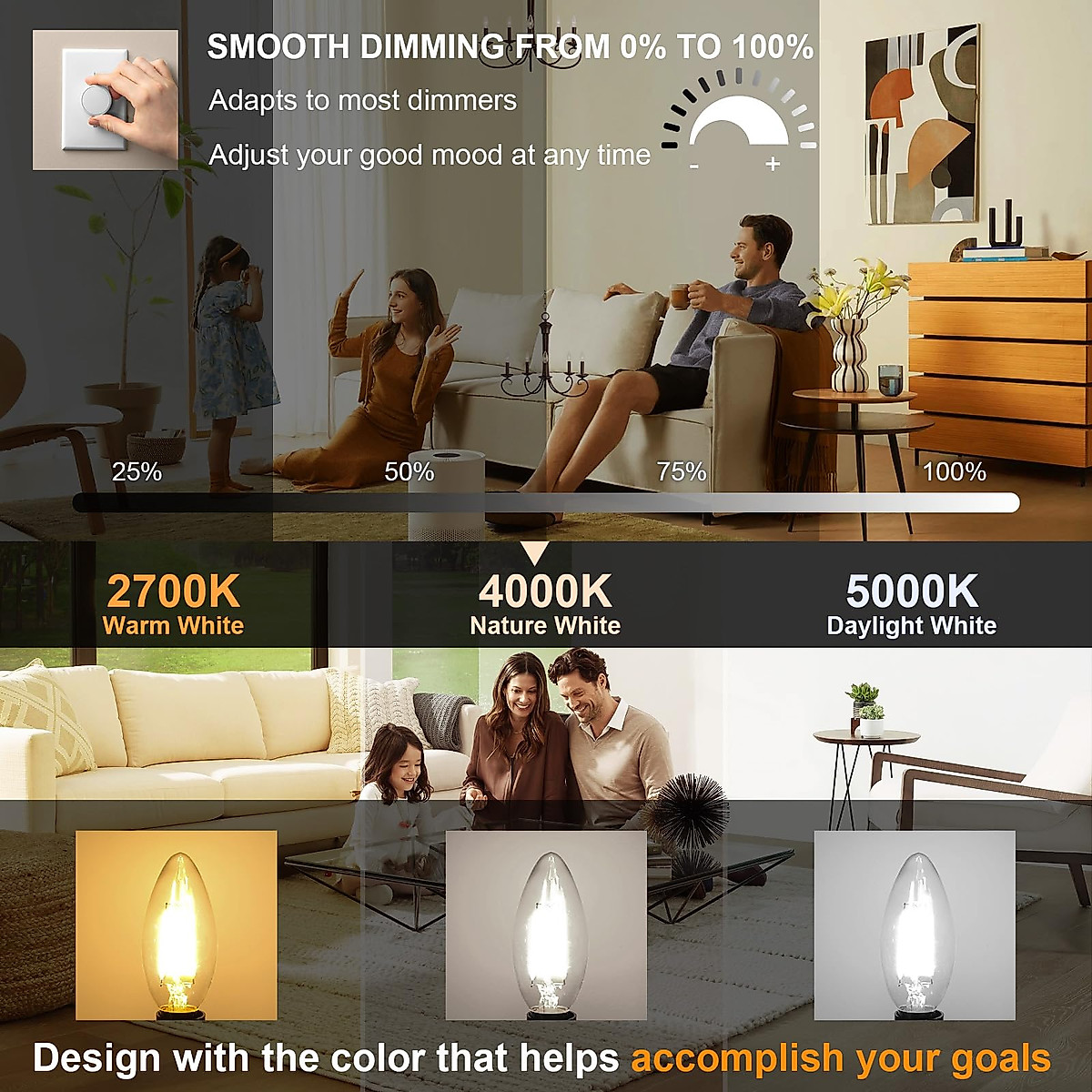 comzler E12 LED Candelabra Bulb Dimmable, Chandelier Light Bulb 4000K Neutral White,40W Equivalent,Type B Ceiling Fan Bulbs,C35 B11 Edison Filament Candle Bulbs Candle Lights,400LM,Pack of 6