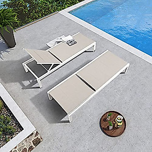 Ulaxfurniture Outdoor Lounge Chair, Aluminum Chaise Chair, Adjustable Lounger Recliner with Wheels and Padded Quick Dry Foam for Patio (2 x Chair, Beige)