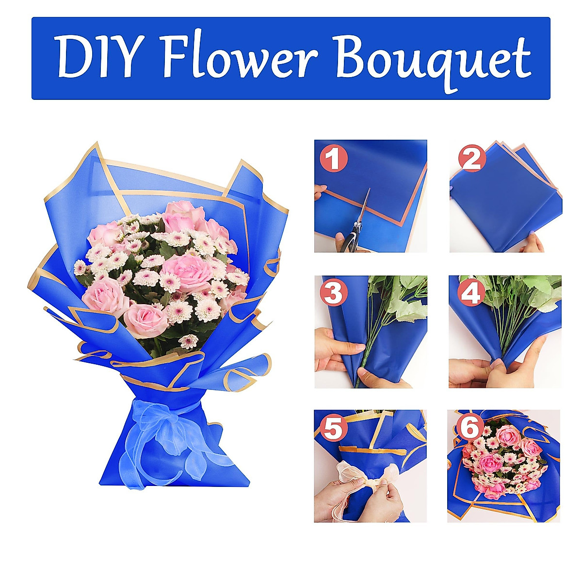 JOYIT 20 Sheets Flower Wrapping Paper - Flower Bouquet Wrapping Paper with Ribbon, Waterproof Flower Paper Wrap for Wedding, Birthday, Flower Shop, DIY Craft (Blue, 22.8''x22.8'')
