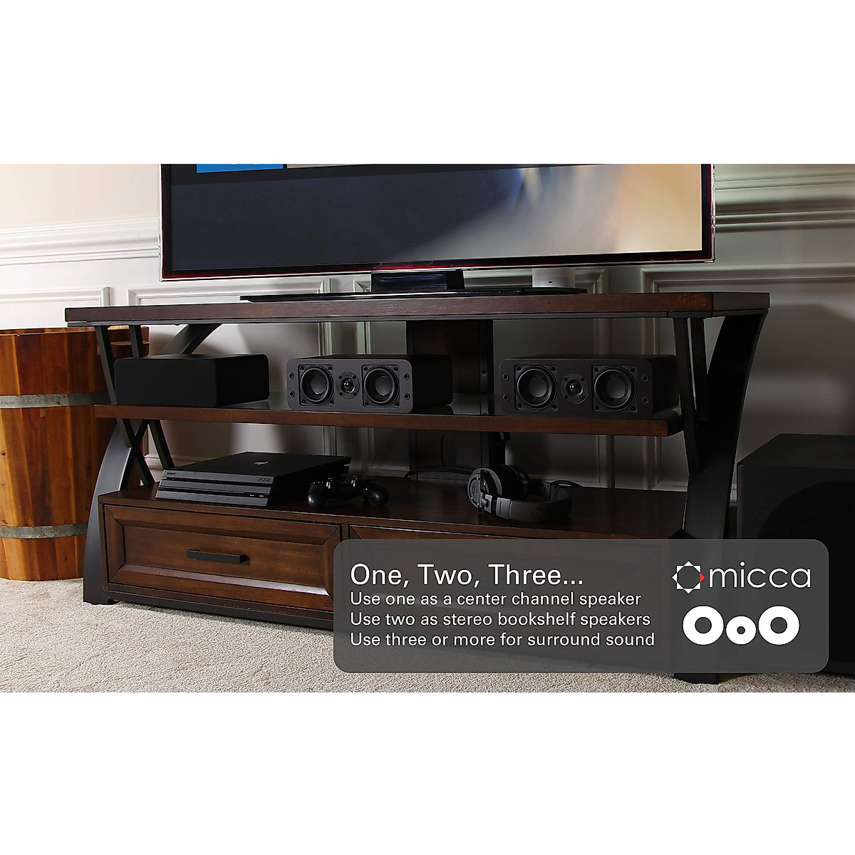 Micca OoO Passive Slim Bookshelf Speakers with 3-Inch Woofers and Silk Tweeter, Thin Design Under 4" Wide, for Desktop Stereo or Home Theater Surround Sound, Wall Mountable, Pair, Dark Walnut