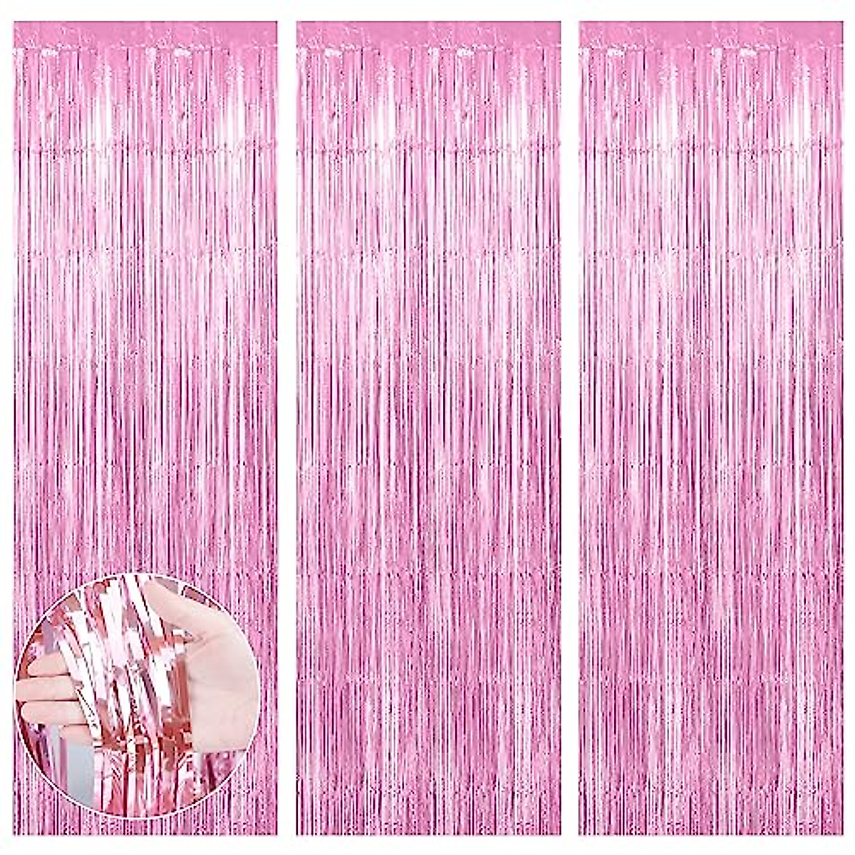 Fringe Backdrop, Pink Backdrop, Foil Fringe Curtains, 3 PCS 3.3x6.6ft Tinsel Curtain Backdrop Streamers for Valentine's Day Birthday Wedding Bachelorette Party Supplies Graduation Decorations