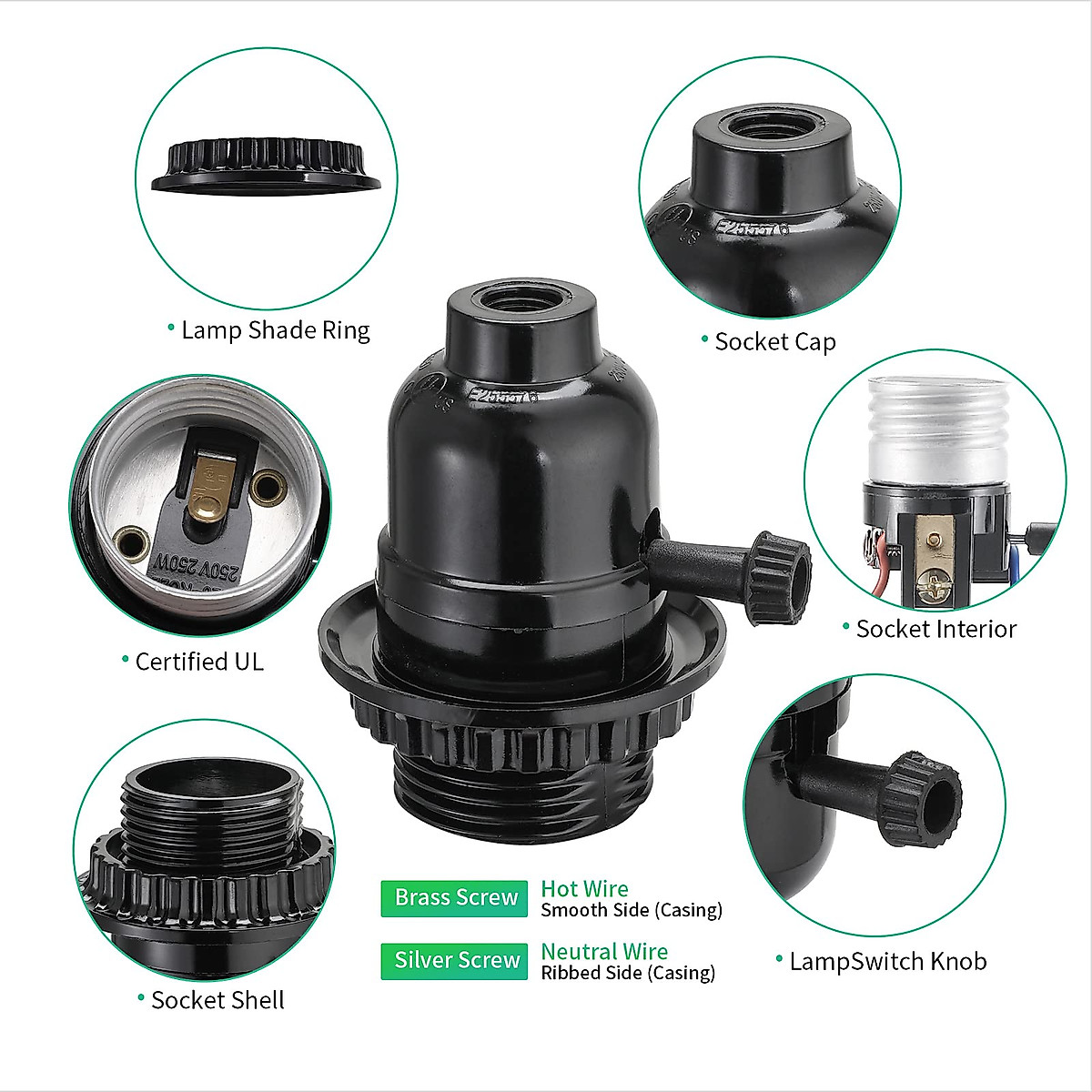 UL Listed E26 Light Socket, Lamp Socket Replacement with ON/Off Switch Medium Base Lamp Parts with 2 Lamp Socket Ring, Light Bulb Fixture Socket for Table Lamp, Floor Lamp, 1-Pack