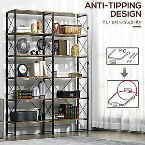 HOMCOM Bookshelf, Tall Industrial Bookcase with 6 Shelves, 5-Tier Storage Rack with Steel Frame, 53.25" Wide Display Rack, X-bar for Living Room, Home Office, Rustic Brown