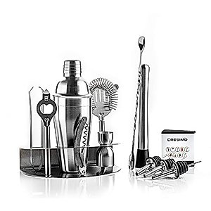 Cocktail Shaker Set with Stand- 12 Piece Stainless Steel Cocktail Set - 18oz Bar Shaker Set, Bar Tools, Perfect Cocktail Kit for Beginners or Professionals, Mixology Bartender Kit, Bar Kit - Cresimo