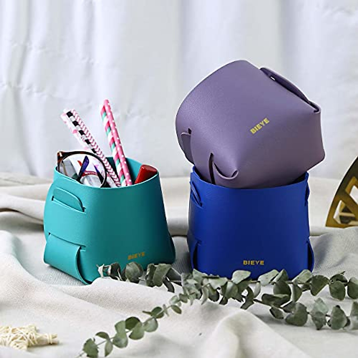 Bieye LSB002 Collapsible Leather Storage Bin Decorative Desk Organizer for Jewelry Makeup Pen Pencil Glasses Remote Controller Storage (Turquoise, 4WX4LX4H)