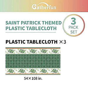 Gatherfun Saint Patrick’s Day Disposable Tablecloth Green Shamrocks Plastic Table Cover for Irish Party Decoration 3 Pack 54 X 108 Inch