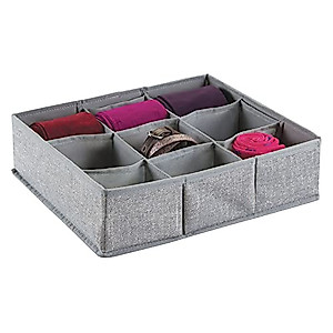 mDesign Soft Fabric Dresser Drawer and Closet Storage Organizer Bin for Lingerie, Bras, Socks, Nylons, Ties, Belts, Tank Tops, Small Accessories - Divided 9 Section Tray, Textured Print, 2 Pack - Gray