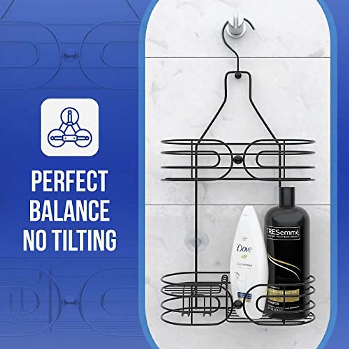 SKATCO Hanging Shower Caddy - 2-Tier Rust-Resistant Stainless Steel Shelves Chrome Rack Organizer Bathroom Basket Storage Holds Shampoo, Conditioner, Soap, Bath Sponge, Razors, Washcloths - BLACK