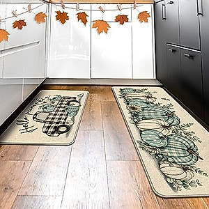Tailus Hello Pumpkin Teal White Fall Kitchen Rugs Set of 2, Blue Autumn Plaid Check Truck Kitchen Mats Decor, Farmhouse Thanksgiving Floor Door Mat Home Decorations - 17x29 and 17x47 Inch