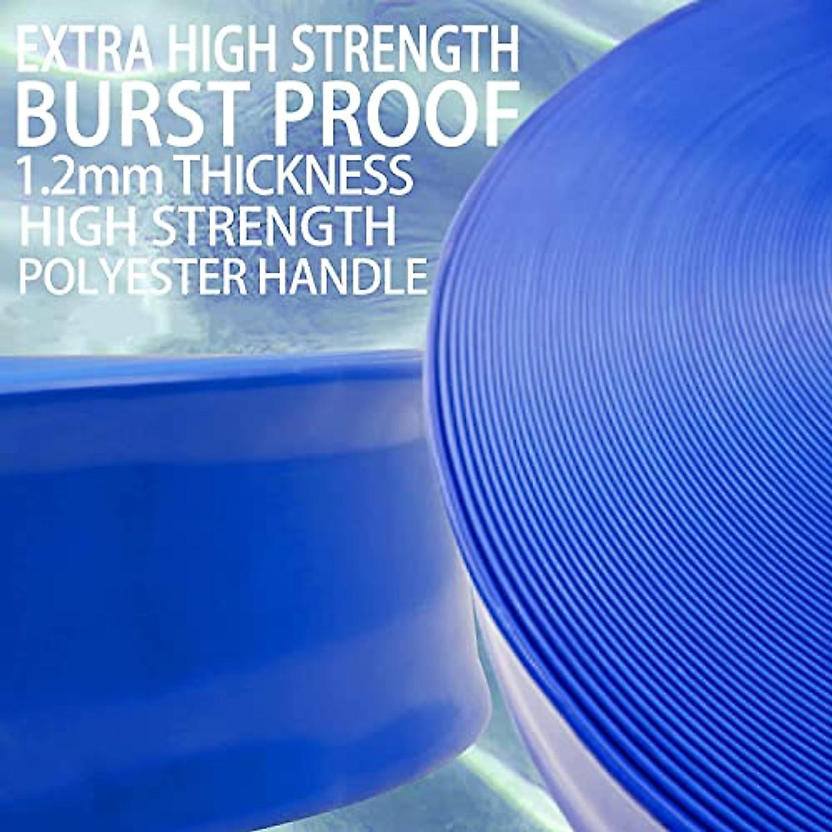 Poolvio 1-1/2" x 100' Professional Blue Backwash Hose with Clamps, General Purpose Reinforced PVC Lay-Flat Water Discharge Hose,for Use While Back-Washing Filters and Draining Pools