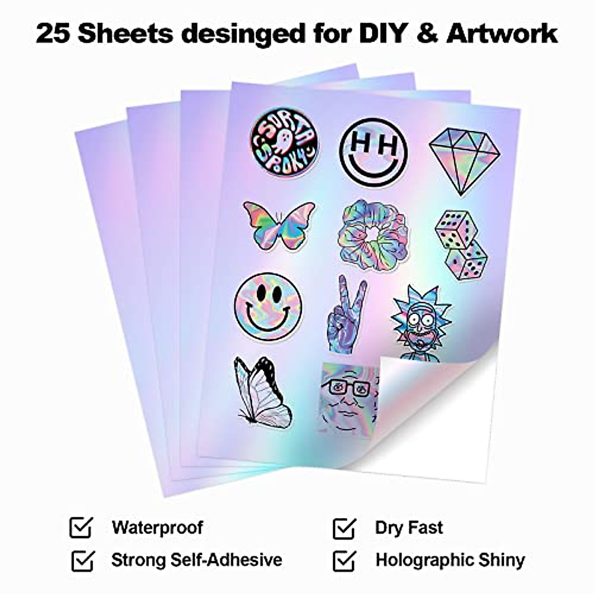 Printable Holographic Sticker Paper for Inkjet Printer, Holographic Overlay for Stickers 25 Sheets 8.5 x 11 Inch. Holographic Labels for Scrapbooking, Bullet Journal,Bottles,Jar,Laptop, Class Project