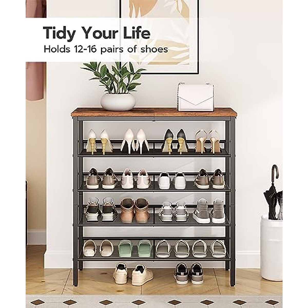 HOOBRO Shoe Rack, 5-Tier Shoe Storage with Adjustable Mesh Shelves, 16-20 Pairs of Shoes, Stable and Durable, Spacious Top, Freestanding, Metal, Industrial, for Entryway, Closet, Rustic Brown BF12XJ01