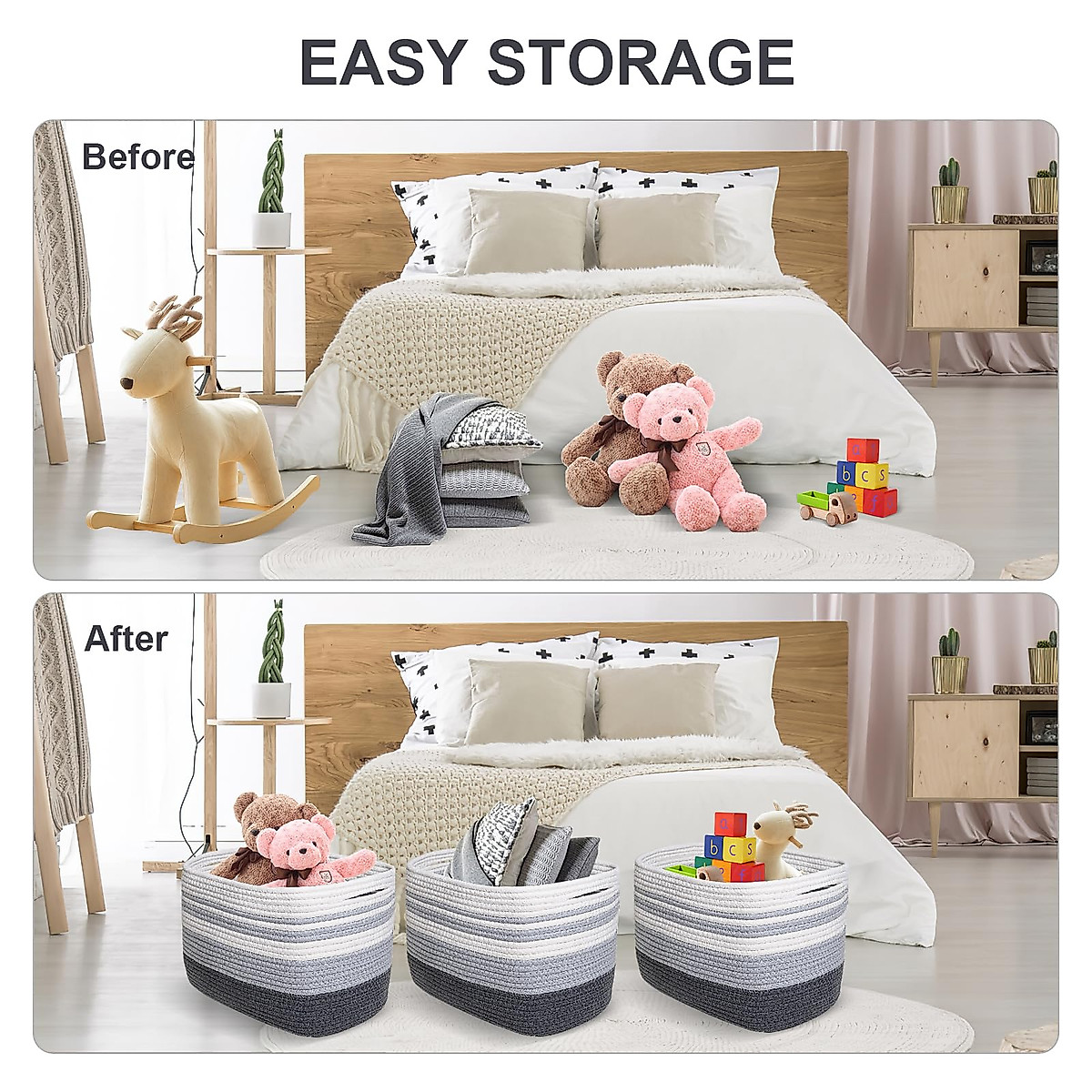 Andhuhu Storage Basket Organizer 3 Packs, 15"X8"X9" Woven Basket with Handles, Blanket Basket Living Room, Towel Basket Cotton Rope Basket Storage Bins for Toys, Throws, Nursery Basket, Grey