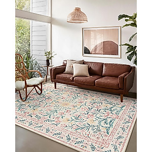 Wonnitar Machine Washable 5x7 Rug, Pink Rugs for Bedroom Girls, Boho Soft Floral Nursery Rug Non Slip, Indoor Ultra-Thin Floor Carpet Area Rug for Kid Room Living Room Dorm