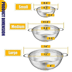 Stainless Steel Colander Set of 3 (1-3-5Quart), E-far Micro-Perforated Metal Colander Strainer with Handle for Kitchen/Draining Pasta/Rinsing Vegetables Fruits, Heavy Duty & Dishwasher Safe