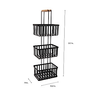 Simplify 3 Tier Metal Spa Tower | Bamboo Handles | Decorative Shelving Unit | Baskets | Bathroom Storage | Toiletries | Towels | Soap | Black