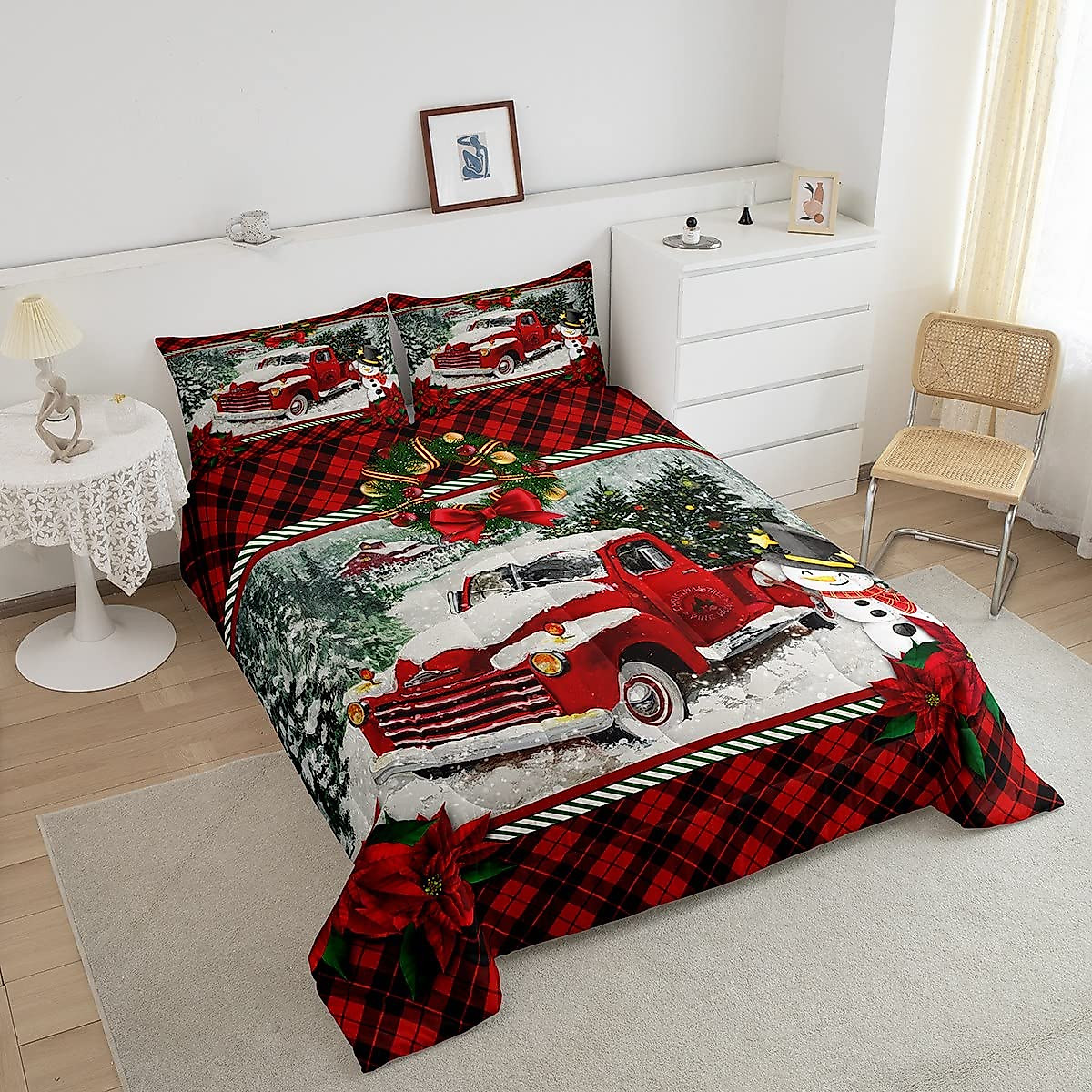 Homewish Christmas Truck Comforter Set Queen Size Kids Girls Boys Red Plaid Decor Pine Tree Bedding Set 3pcs Winter Snow View Quilt Set Happy New Year Gifts Duvet Insert with 2 Pillowcases