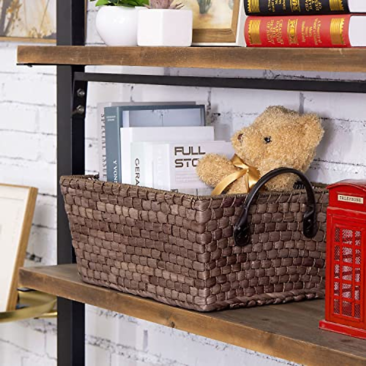 MyGift Woven Brown Wicker Handled Storage Basket with Decorative Striped Fabric Liner, Rectangular Open Organization Basket Bin for Nursery, Magazines Pet Toys, Media and Small Household Items