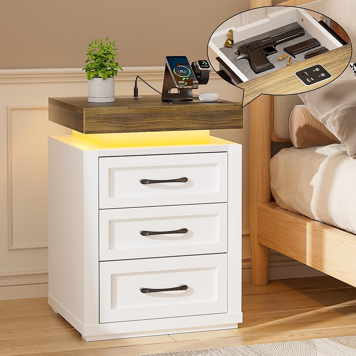 BROTTAR Nightstand with Gun Drawer, Farmhouse LED Bedside Table with Charging Station, Human Sensor, Smart Nightstand with Locking Drawer for Bedroom, Office